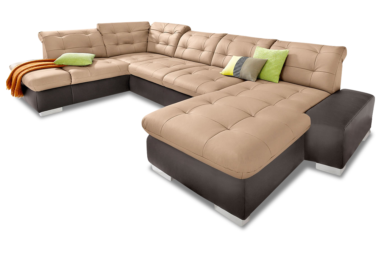 Leder Wohnlandschaft Palomino XXL mit Schlaffunktion Braun Sofas 