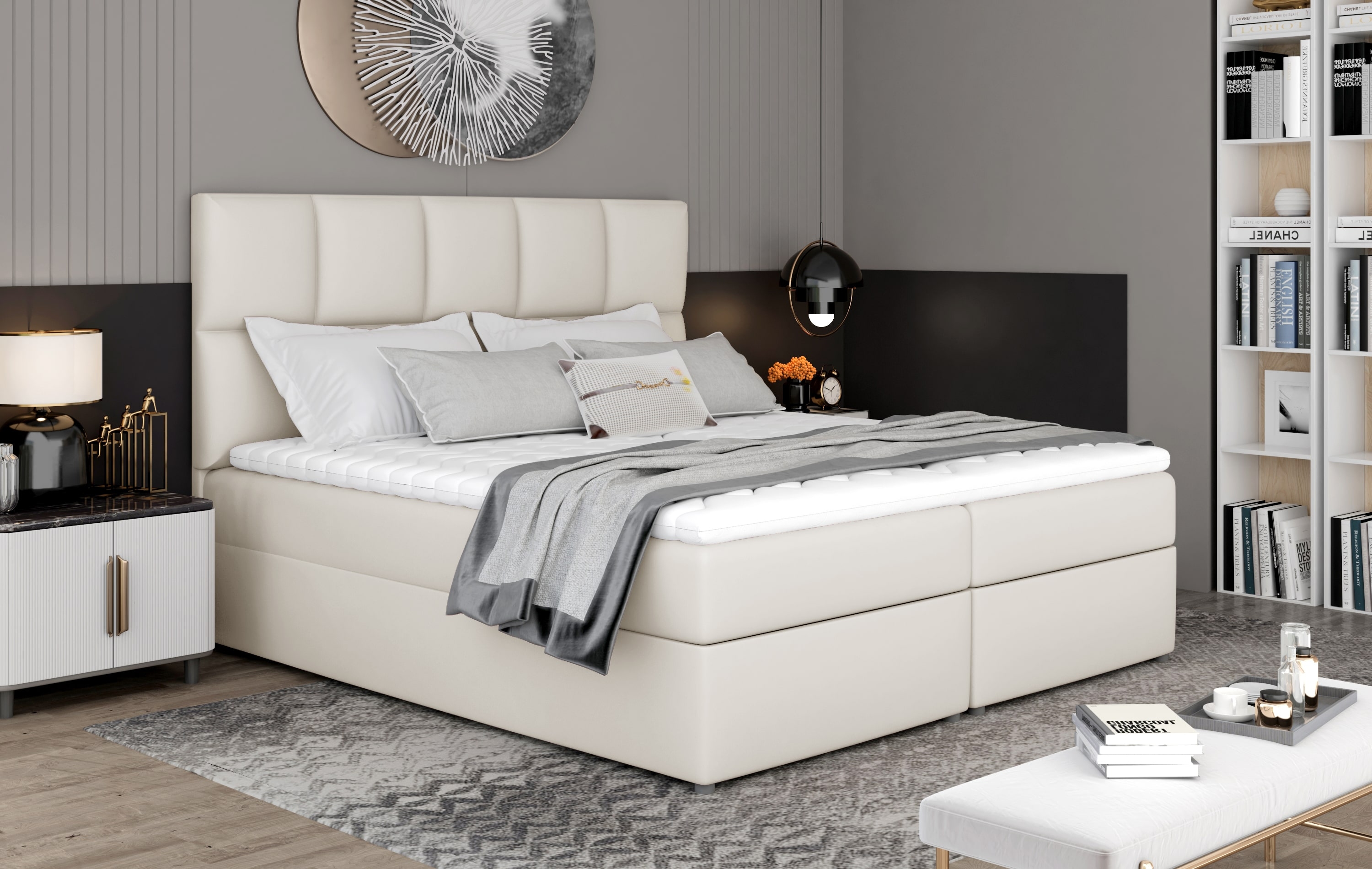 Boxspringbett 180x200 Glossy Creme mit Boxspring Sofas zum halben Preis